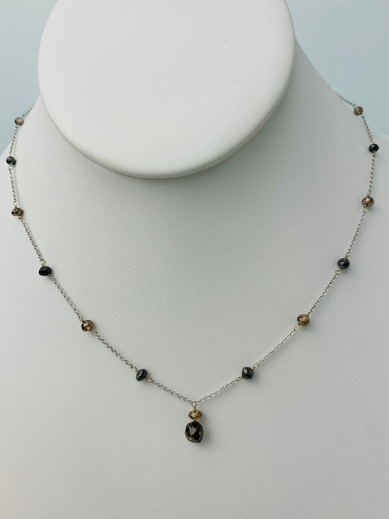 16 Brown and Black Diamond Station Necklace with Brown Diamond Drop in Platinum NCK 053 TNCDIAPLT BRNBLK 16